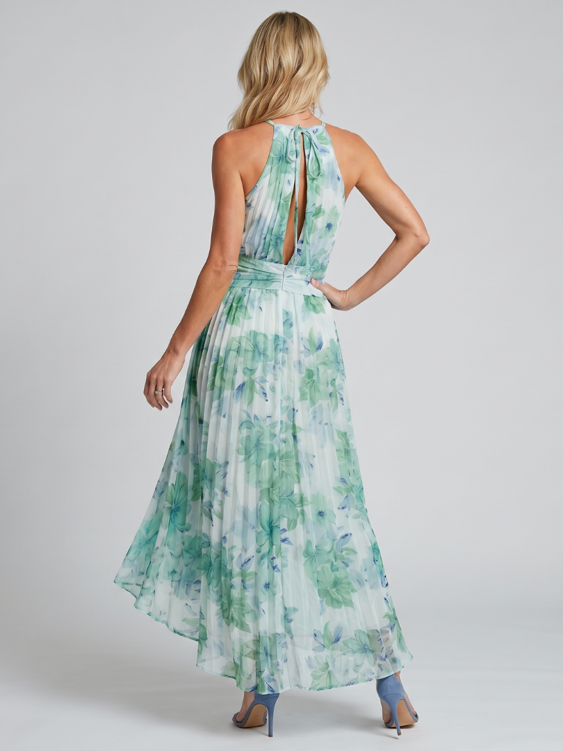 Portia | Pleated Halter Soft Floral Pattern Midi Dress – Claire & June